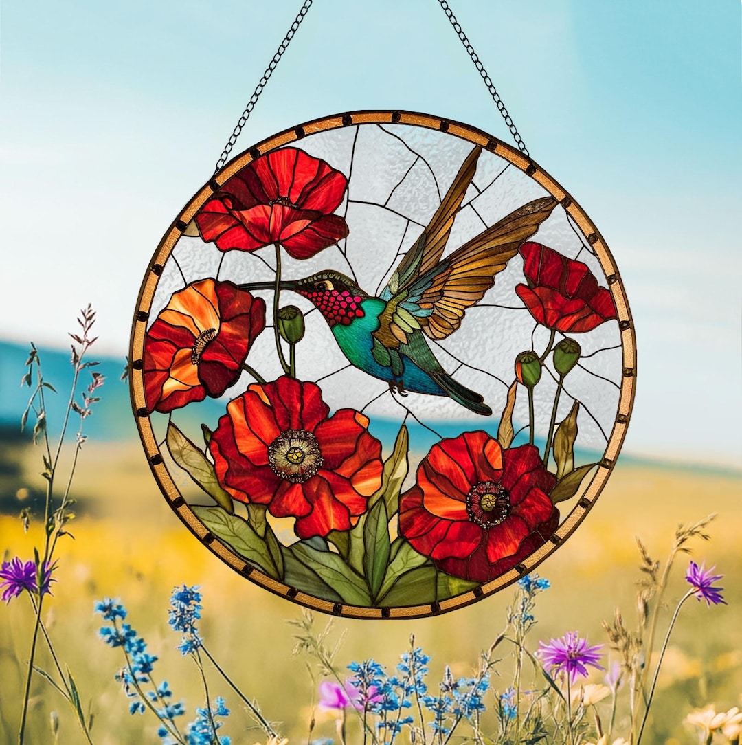 Hummingbird Glass Suncatcher, Poppy Flower Glass Art, Hummingbird ...