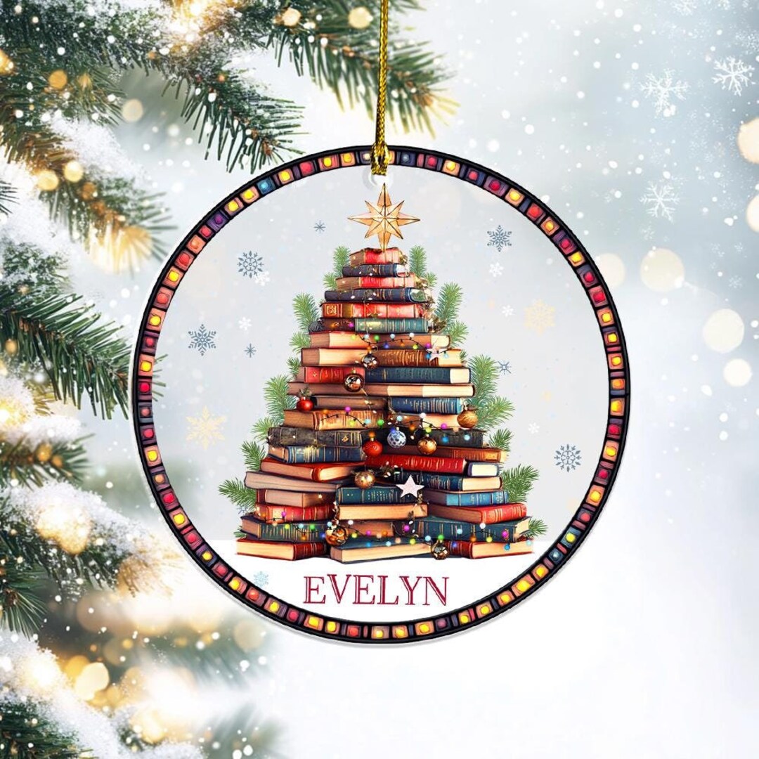 Personalized Book Christmas Tree Ornament, Bookworm Ornament, Teacher ...