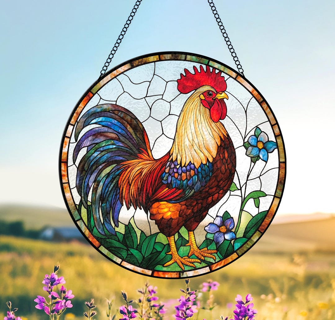 Chicken Sunflower Glass Suncatcher, Rooster Decor, Window Hangings ...