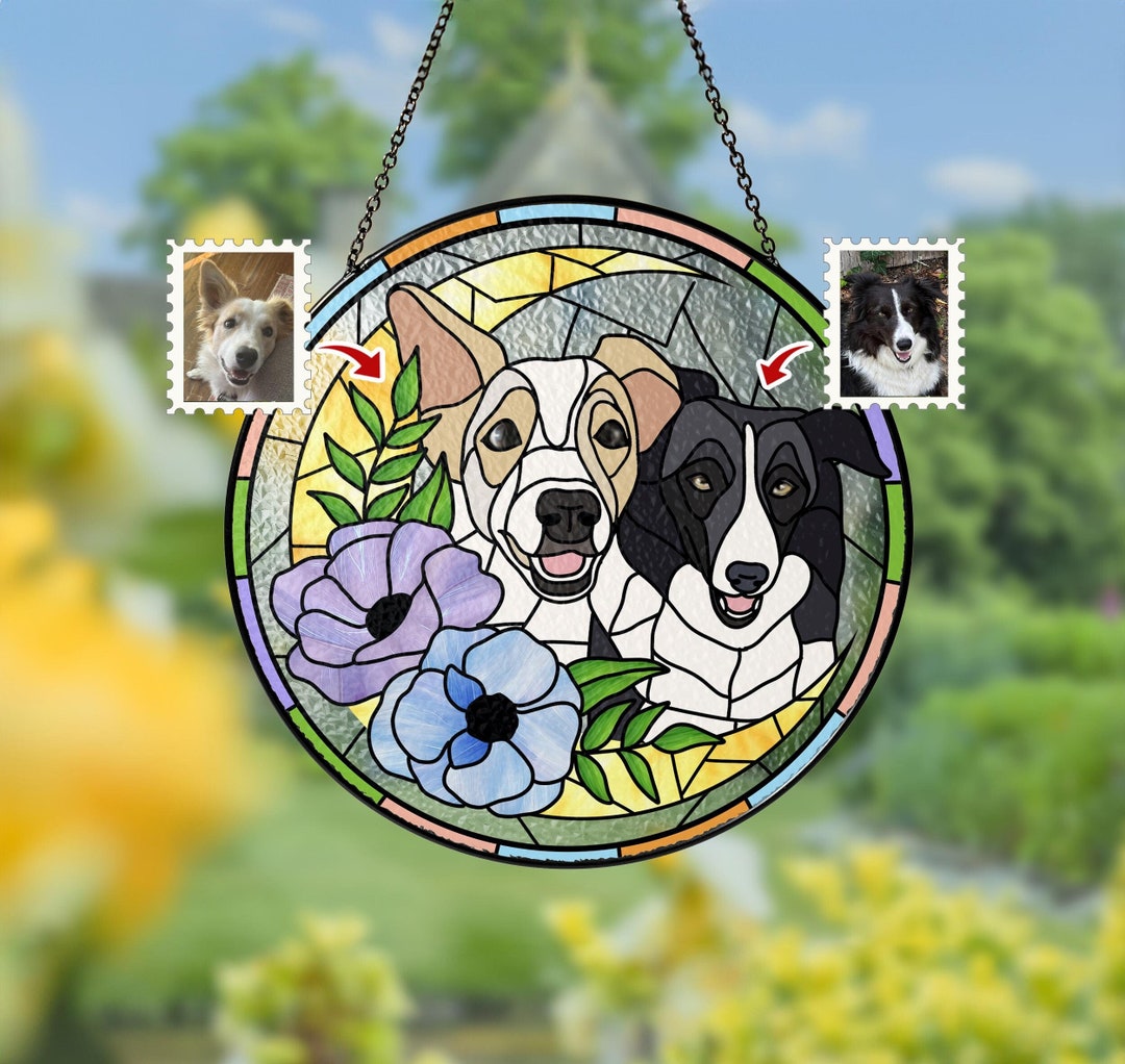 Custom Dogs Portrait Glass Suncatcher, Pet Glass Art, Dog Window ...