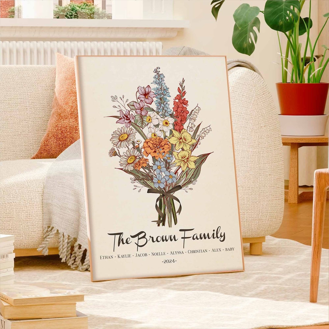 Personalized Birth Flower Family Bouquet Poster, Birth Month Flower Art ...