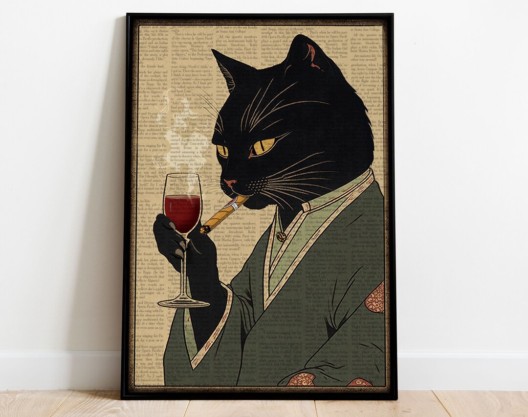 Vintage Black Cat Poster, Japanese Cat Art, Smoking Cat Poster ...