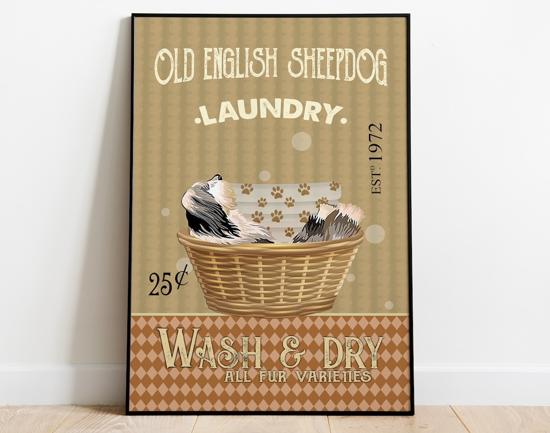 Old English Sheepdog Laundry Poster, Dog Laundry Art, Old English ...