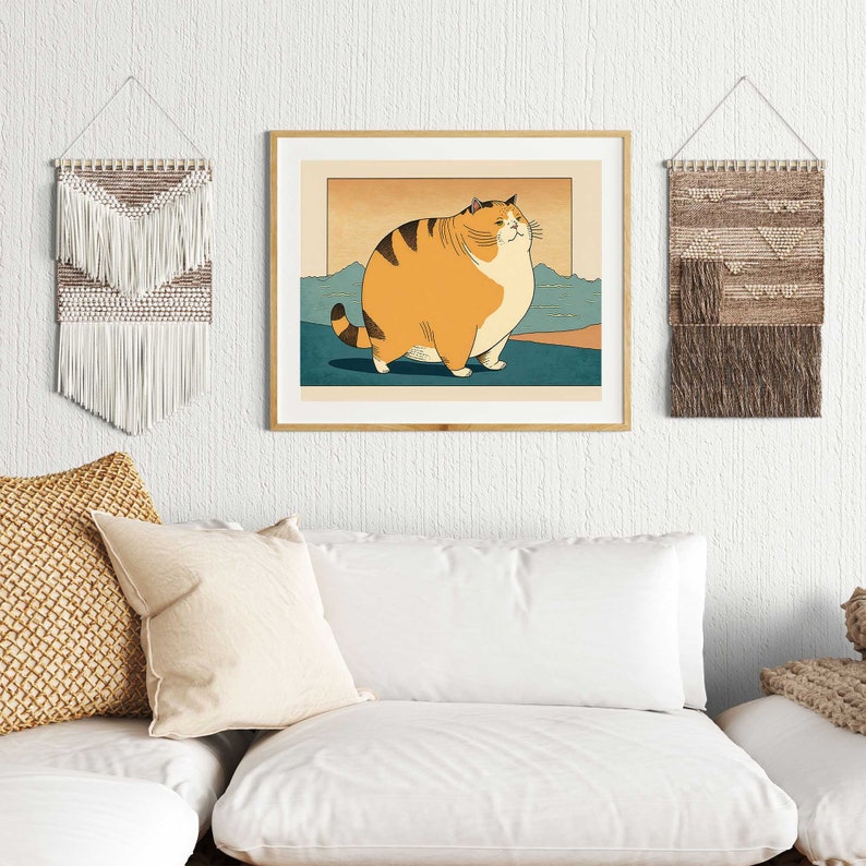 Funny Fat Cat Poster Yellow Tabby Cat Poster Japanese Wall - Etsy