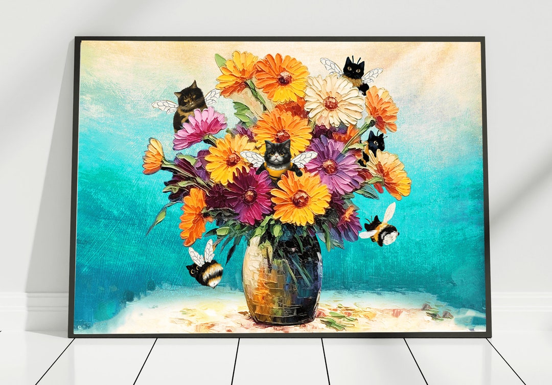 Bumble Bee Cats Poster Funny Garden Cat Art Cat Lover - Etsy