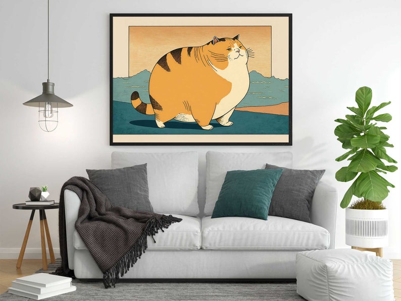 Funny Fat Cat Poster Yellow Tabby Cat Poster Japanese Wall - Etsy