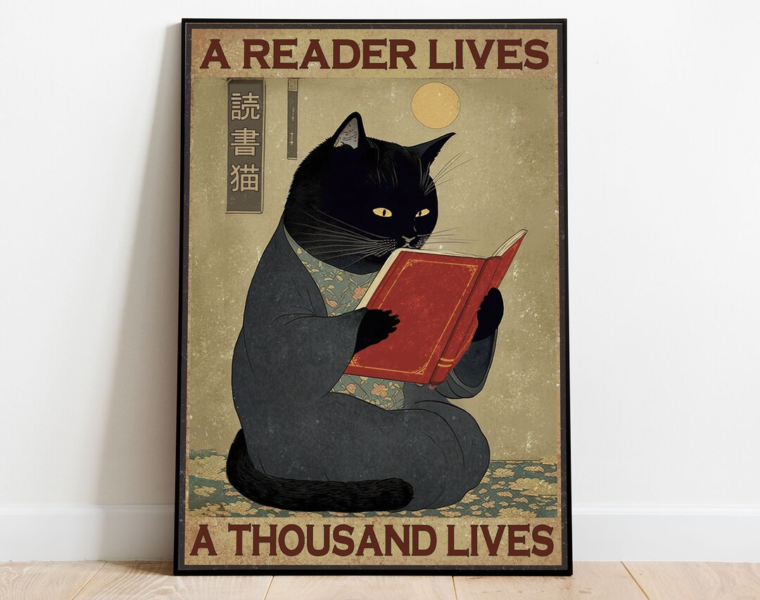 Funny Reading Cat Poster, Black Cat Poster, Cat Book Art, Reading Cat ...