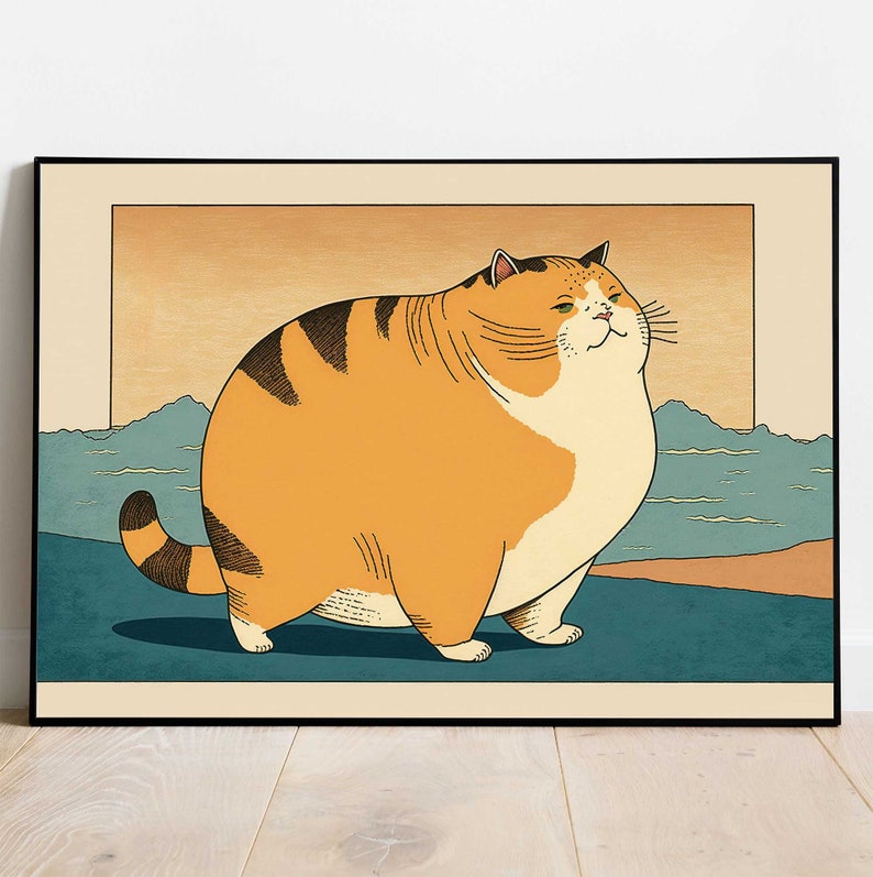 Funny Fat Cat Poster Yellow Tabby Cat Poster Japanese Wall - Etsy