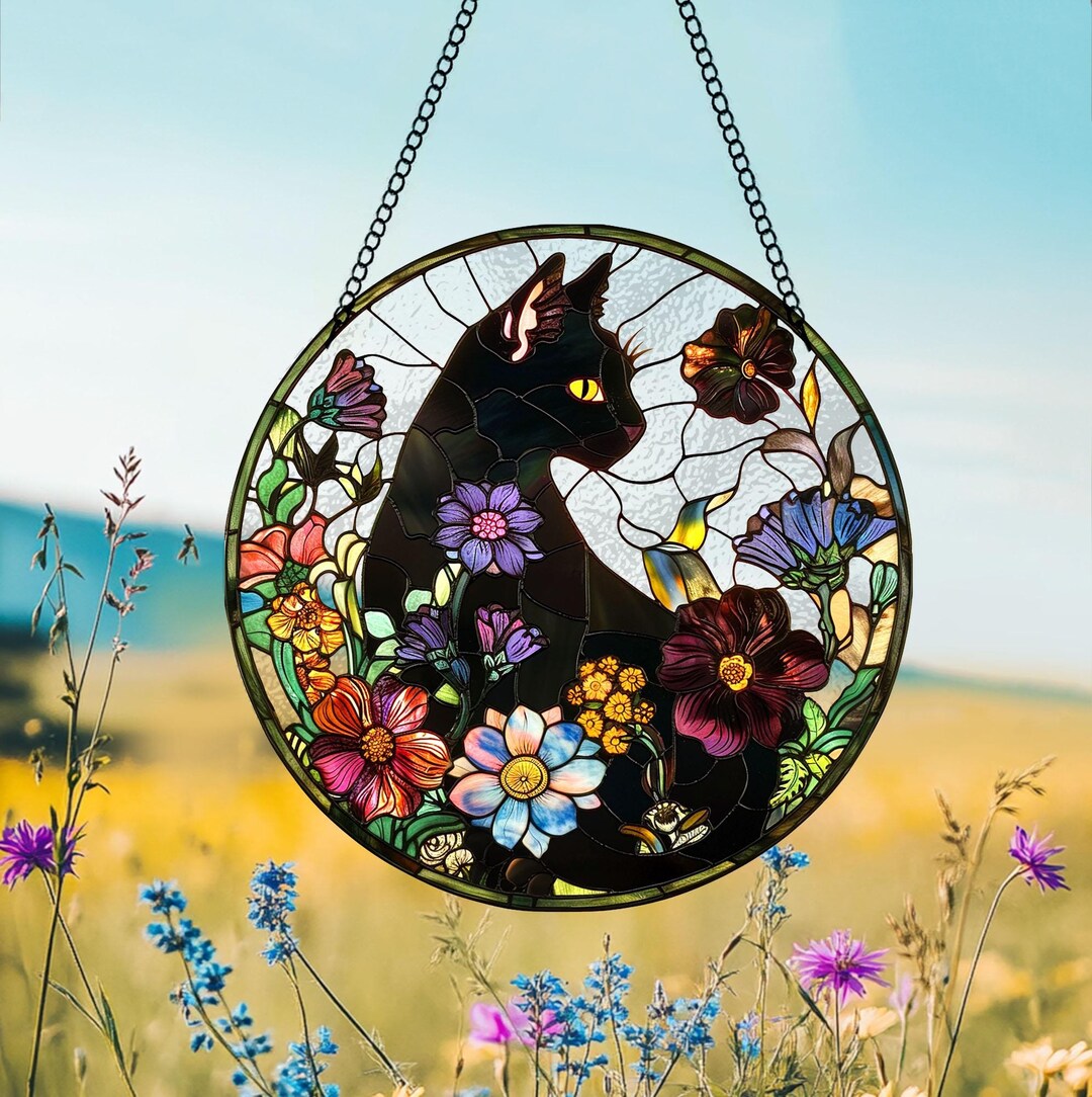 Cat Flower Glass Suncatcher, Black Cat Glass Art, Tabby Cat Window ...