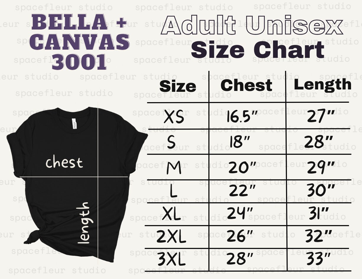 Adult Unisex Size Chart for Bella Canvas 3001, Digital Download, Size ...