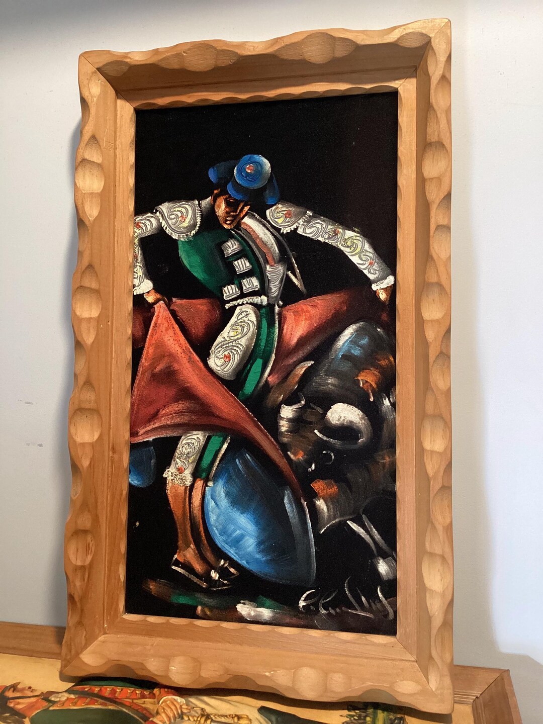 Vintage Black Velvet Painting Matador With Red Cape Muleta in Spanish ...