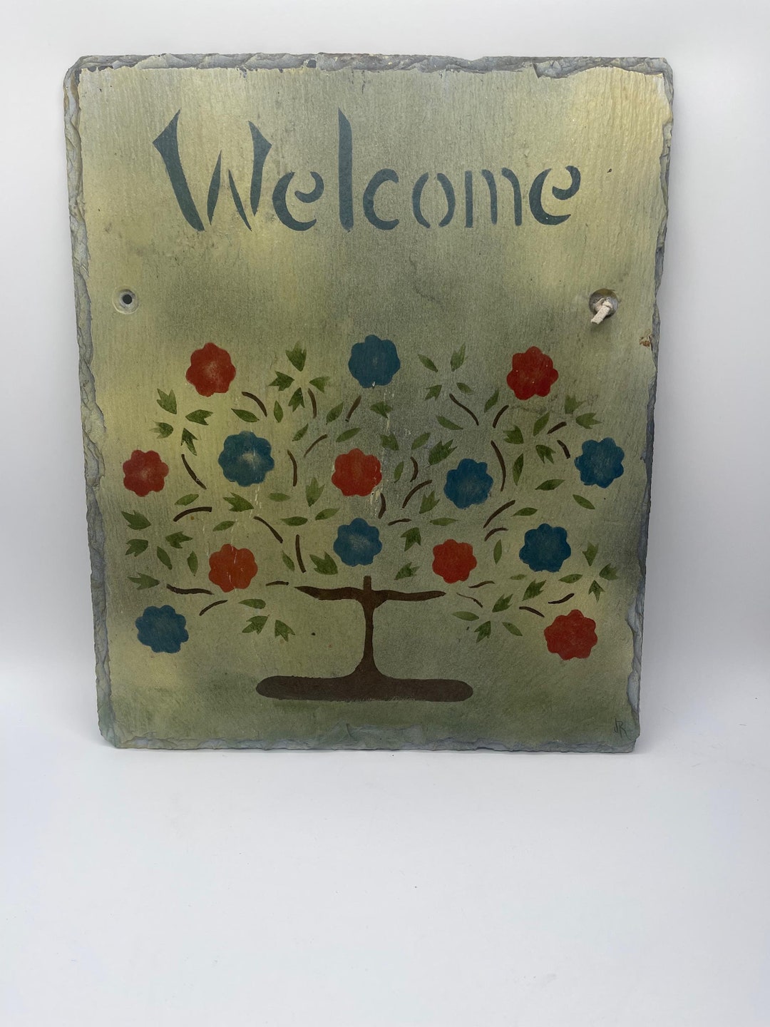Welcome Sign Flower Floral Leaf White & Blue Design Wall Hanging Decor ...