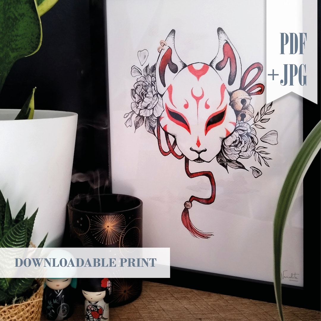 Japanese Art Wall Decoration. Kitsune Mask Illustration- DIGITAL ...
