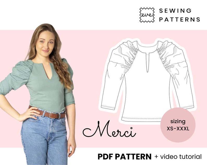 Raglan Blouse Puff Sleeve Sewing Pattern | Sizes EU 34-46 US 4-16 | PDF ...
