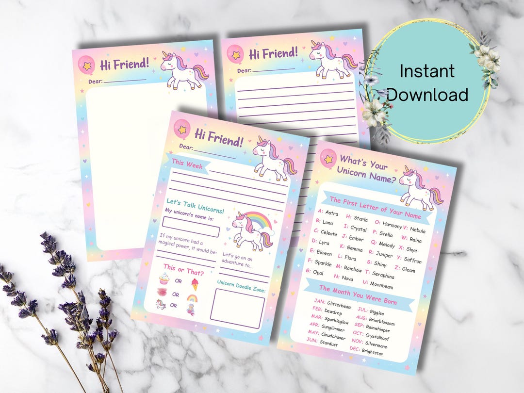 Unicorn Pen Pal Stationery Set for Kids – Printable Letter Template ...