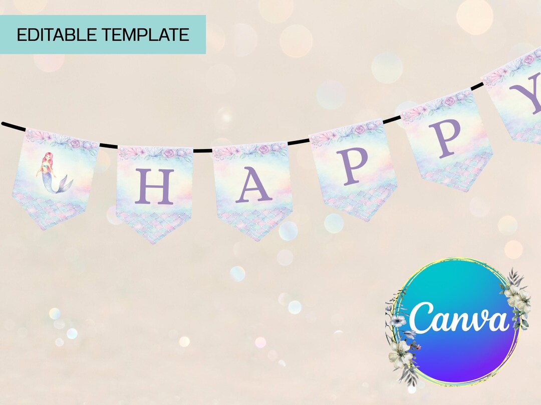 Editable Mermaid Birthday Banner: Pastel Party Decor (canva Template ...
