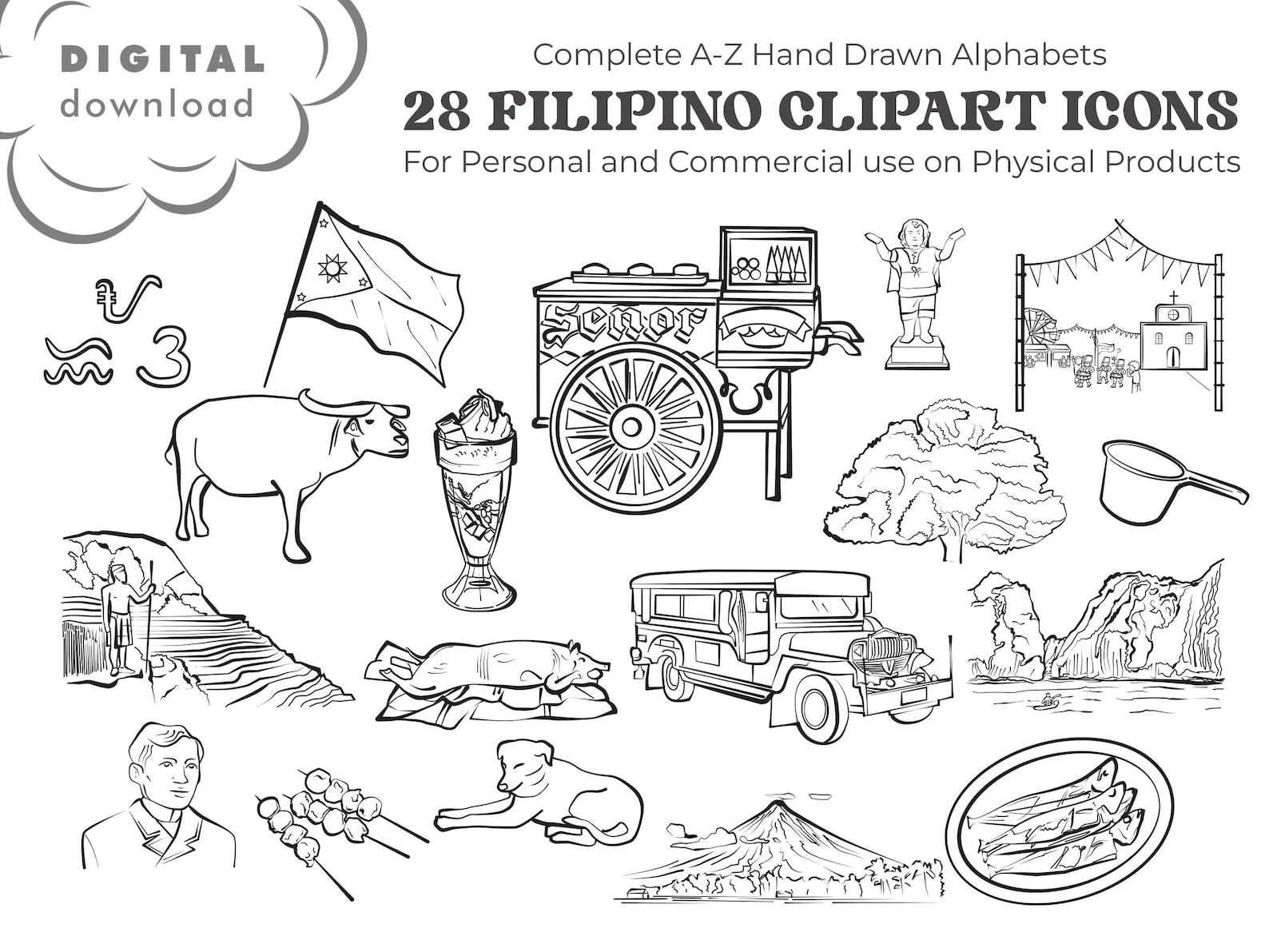 A-Z Modern Filipino Alphabet Clipart , Filipino Hand Drawn Icons ...