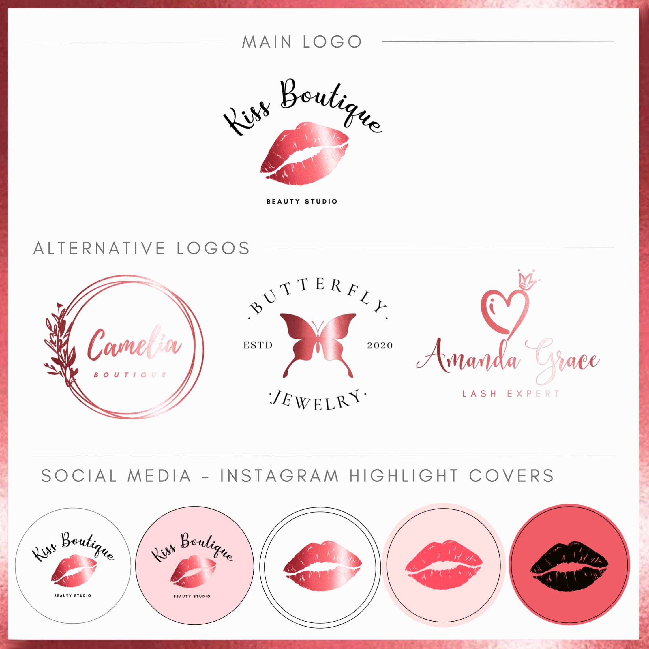 Pink Rose Branding Kit, Brand Kit Canva, Pink Brand Template, Business ...