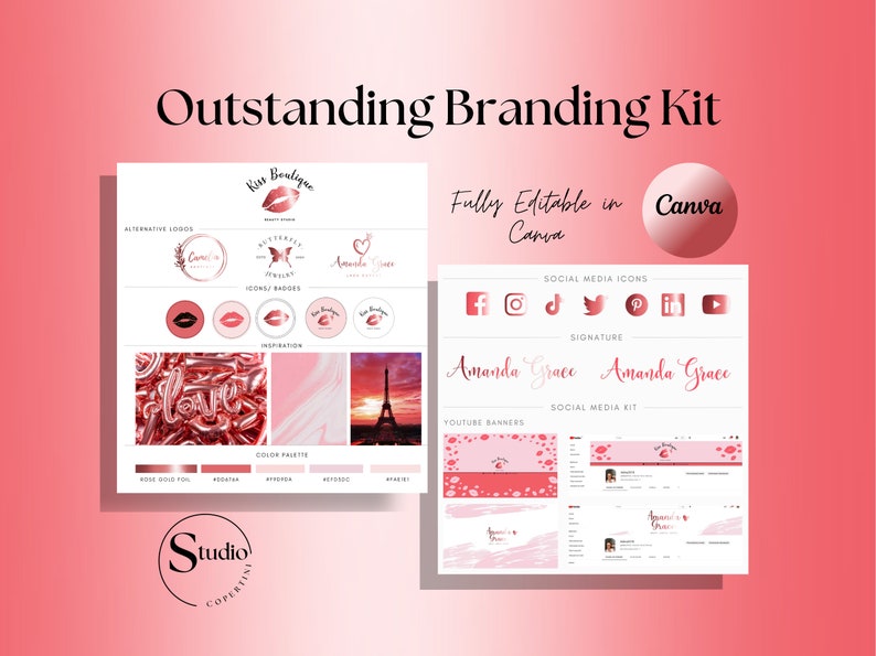 Pink Rose Branding Kit, Brand Kit Canva, Pink Brand Template, Business ...