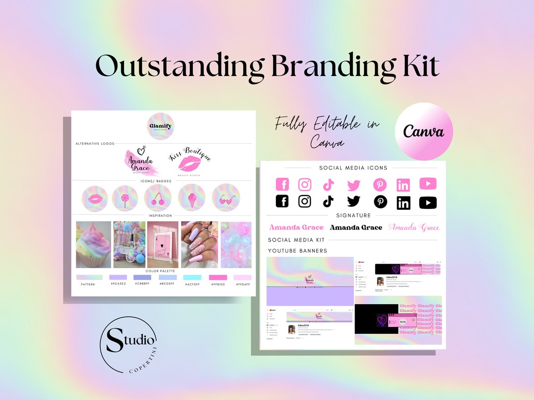 Dreamy Pastel Holographic Branding Kit: Pink Glam Canva Templates for ...