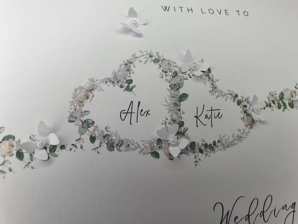 White Wedding Card, Two Hearts Wedding Card, Personalised Name and Date ...