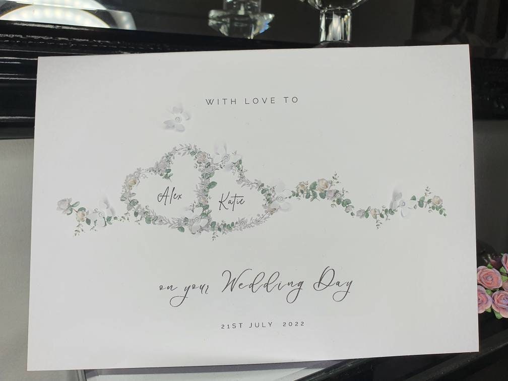 White Wedding Card, Two Hearts Wedding Card, Personalised Name and Date ...