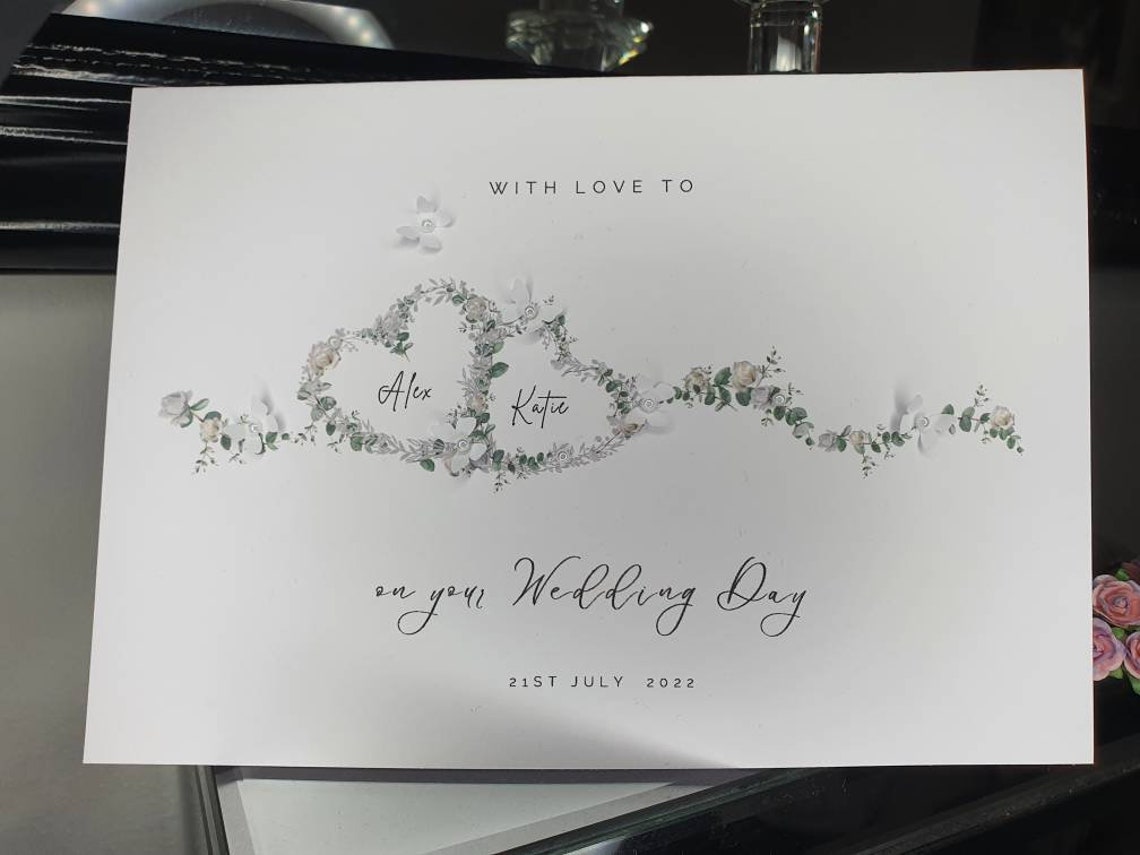 White Wedding Card, Two Hearts Wedding Card, Personalised Name and Date ...