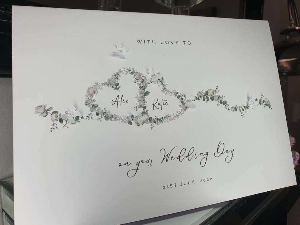 White Wedding Card Two Hearts Wedding Card Personalised Name - Etsy