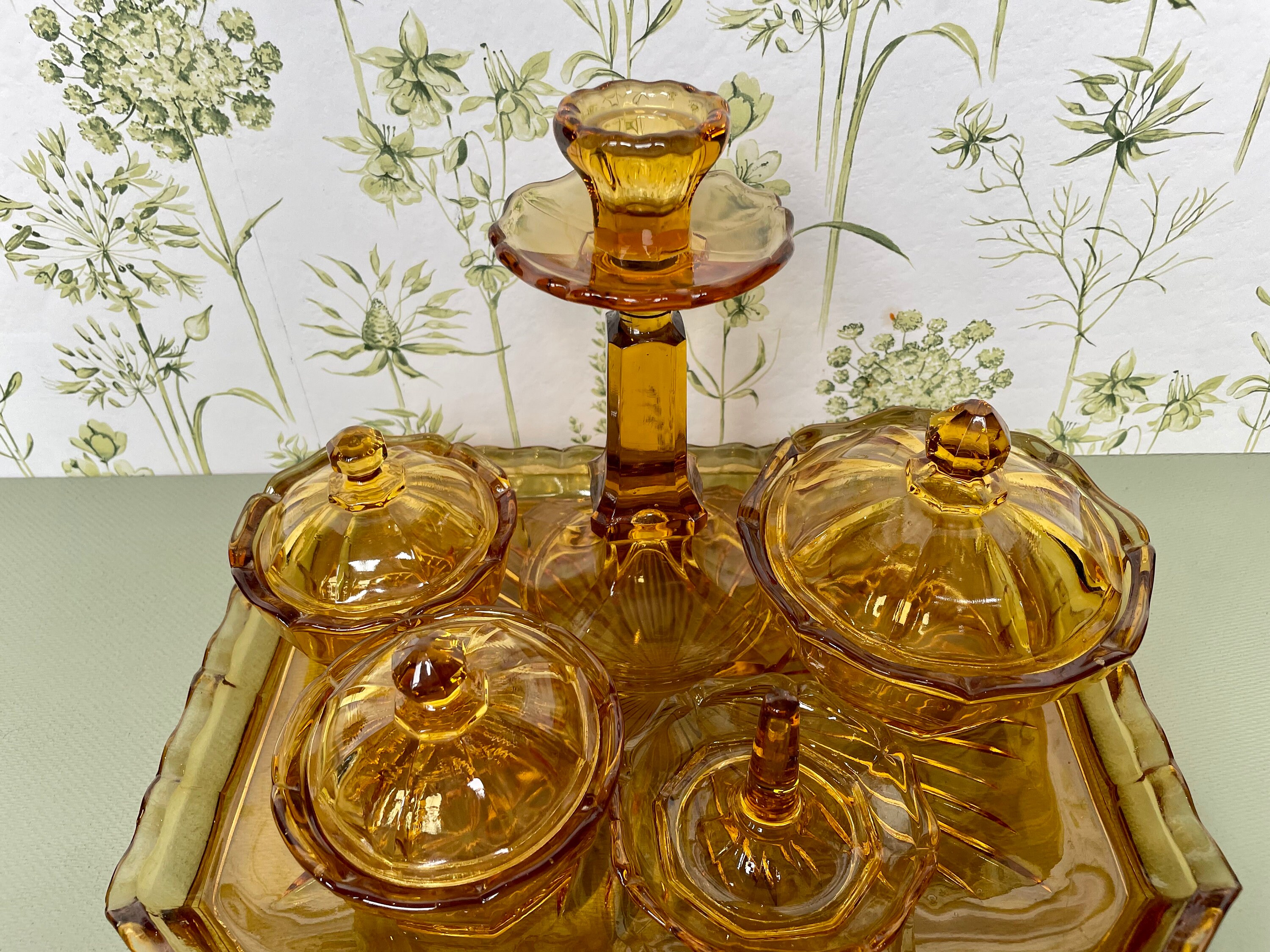 Beautiful Vintage Amber Glass Table Set - Etsy