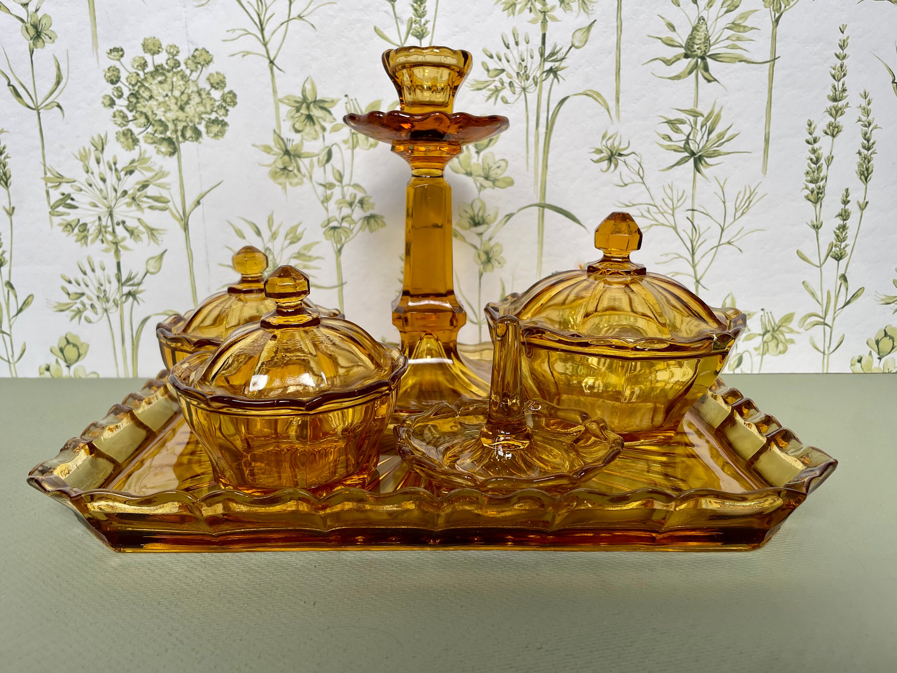 Beautiful Vintage Amber Glass Table Set - Etsy