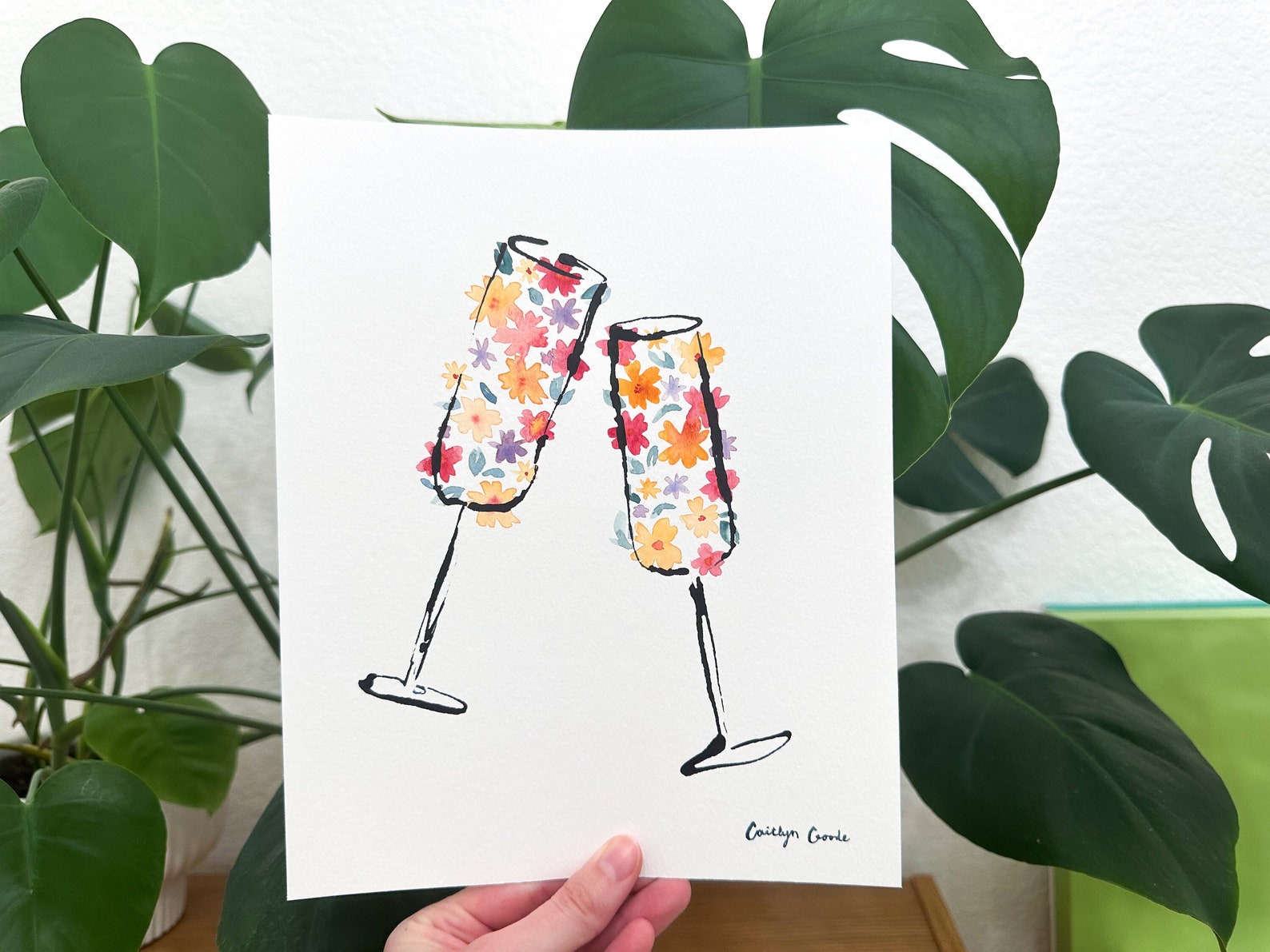 Watercolor Champagne Art Print, Mixed Media Wall Art, Floral Art Print ...