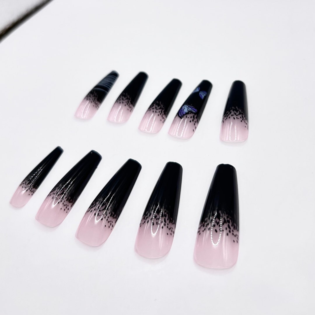 Gothic Black Long French Tip Handmade Vampire Press on Gel Nail ...