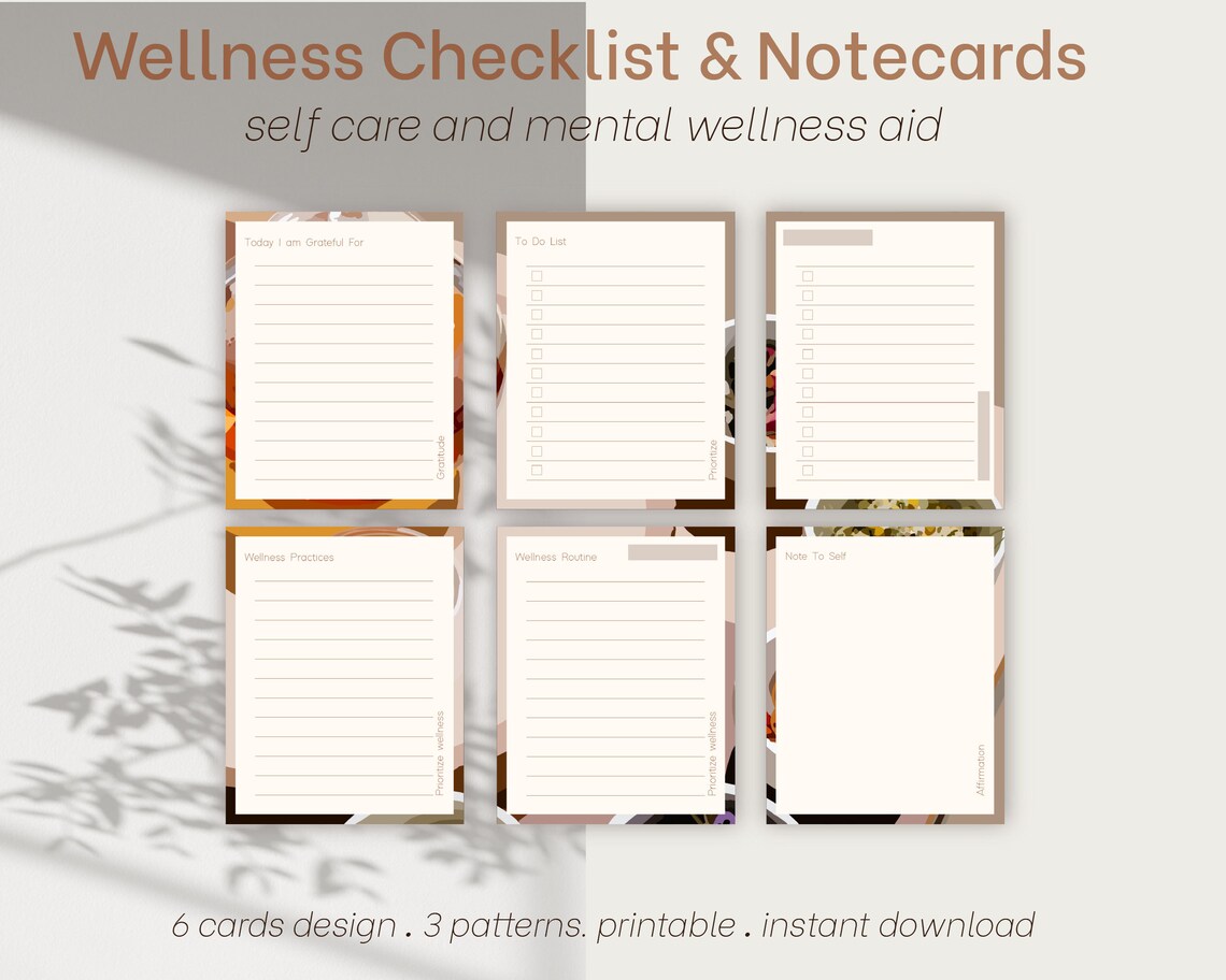 Printable Wellness Checklist Note Card Bundle, to Do List, Gratitude ...
