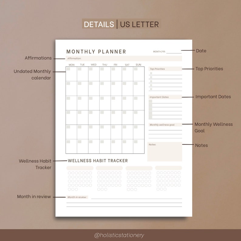 Monthly Wellness Planner: Habit Tracker, A4, US Letter (PDF) - Etsy