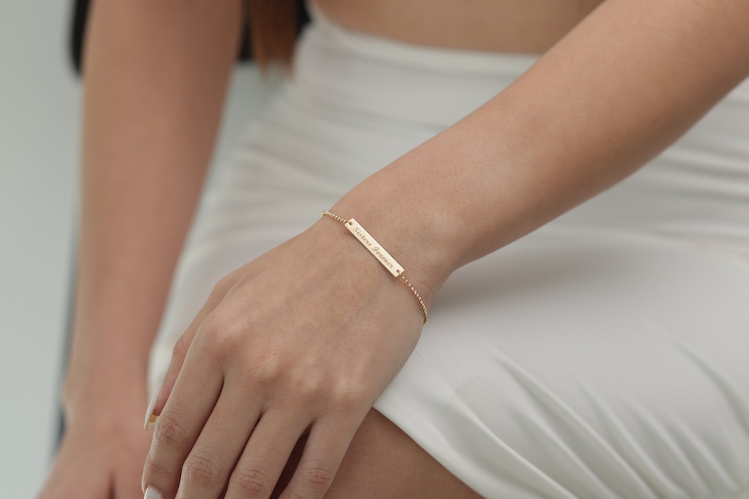 14k Solid Gold Bar Plate Bracelet/ Personalized Bar Bracelet for Names ...