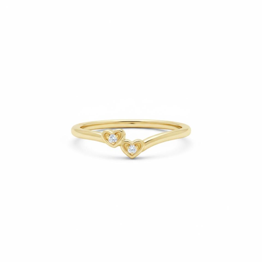 10K, 14K, 18K Solid Gold Double Heart Ring, Two Heart Diamond Ring ...