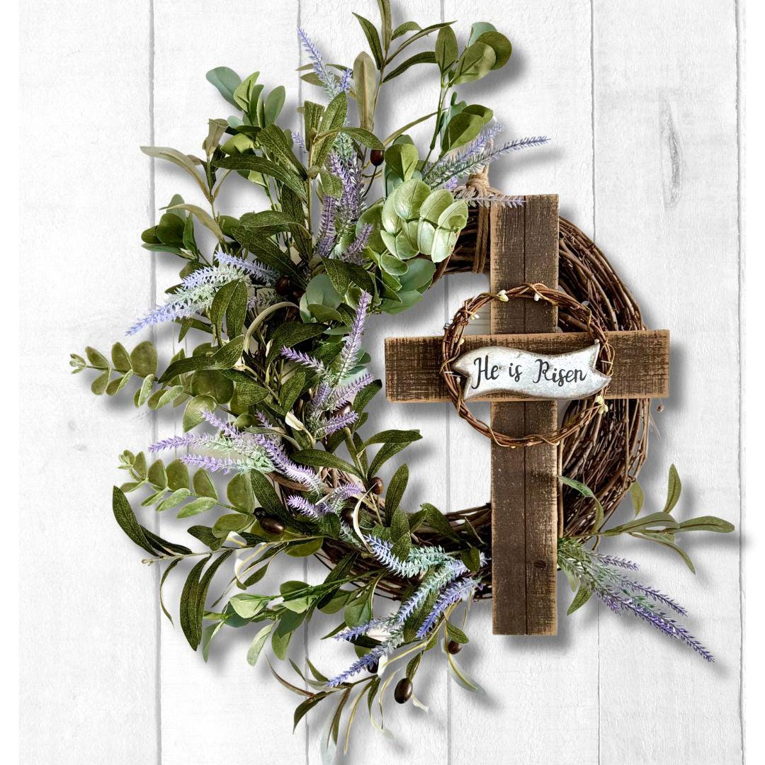 He is Risen Easter Wreath With Cross | Lavender & Greenery Grapevine ...