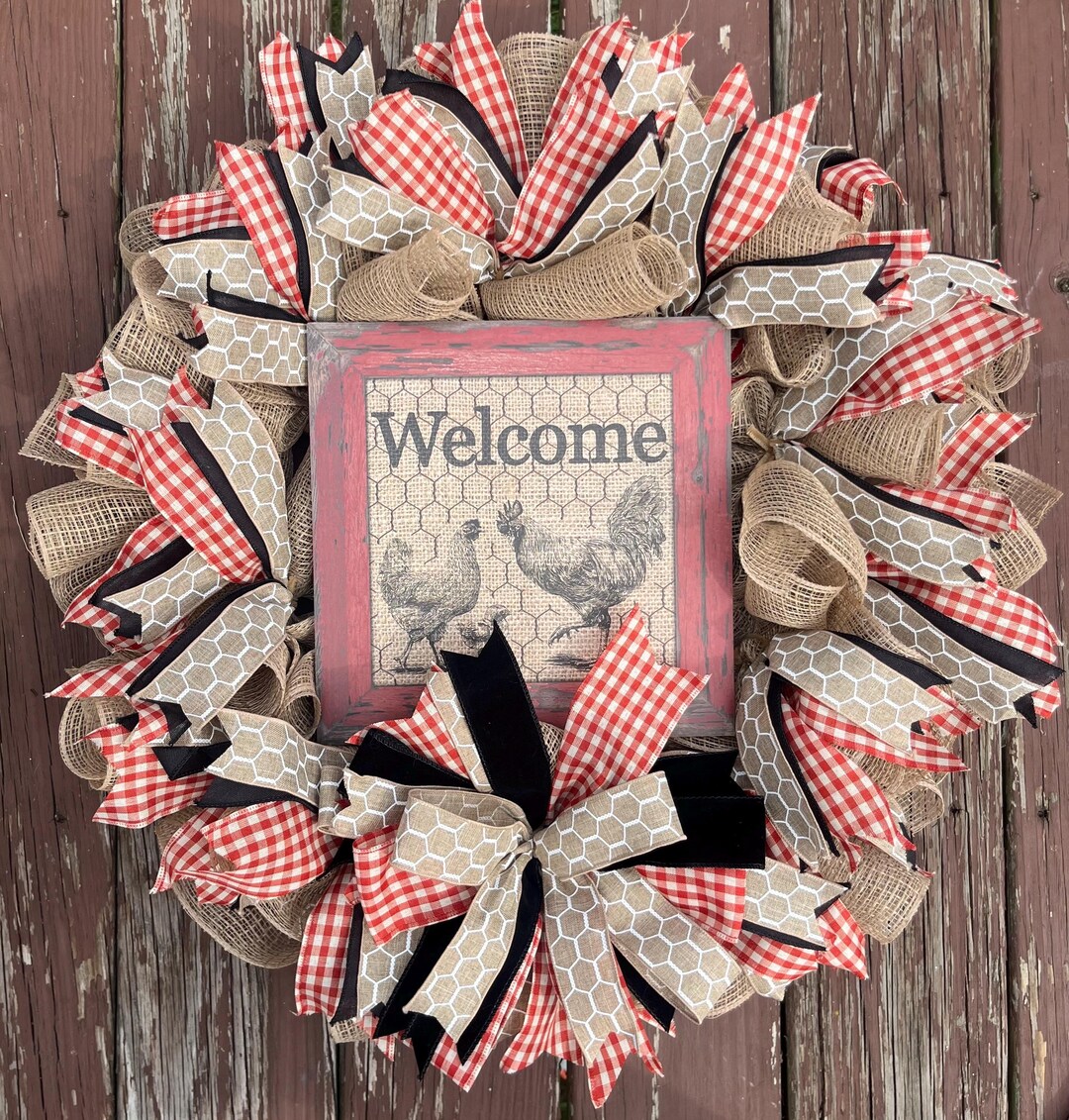 Welcome Wreath, Farmhouse Style Wreath for Door, Chicken Wreath ...