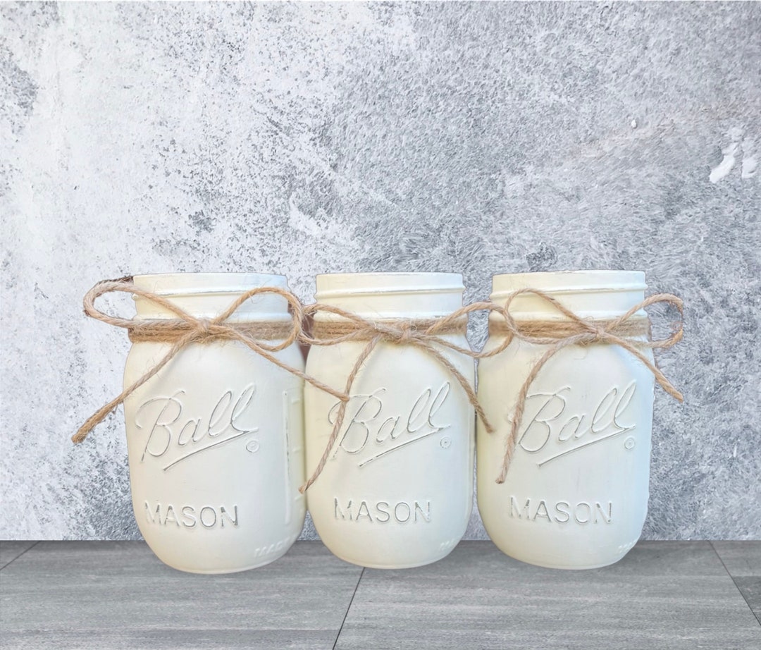 Set of 3 Ivory / White Pint Size Mason Jars With Simple Twine Wrap and ...