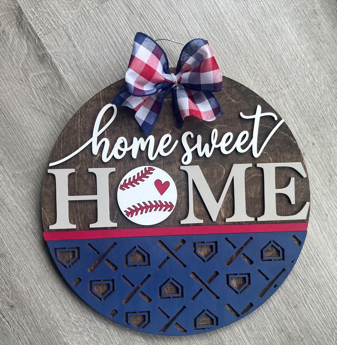 Baseball Themed Home Sweet Home Wood Door Hanger/ Wood Round, Red White ...