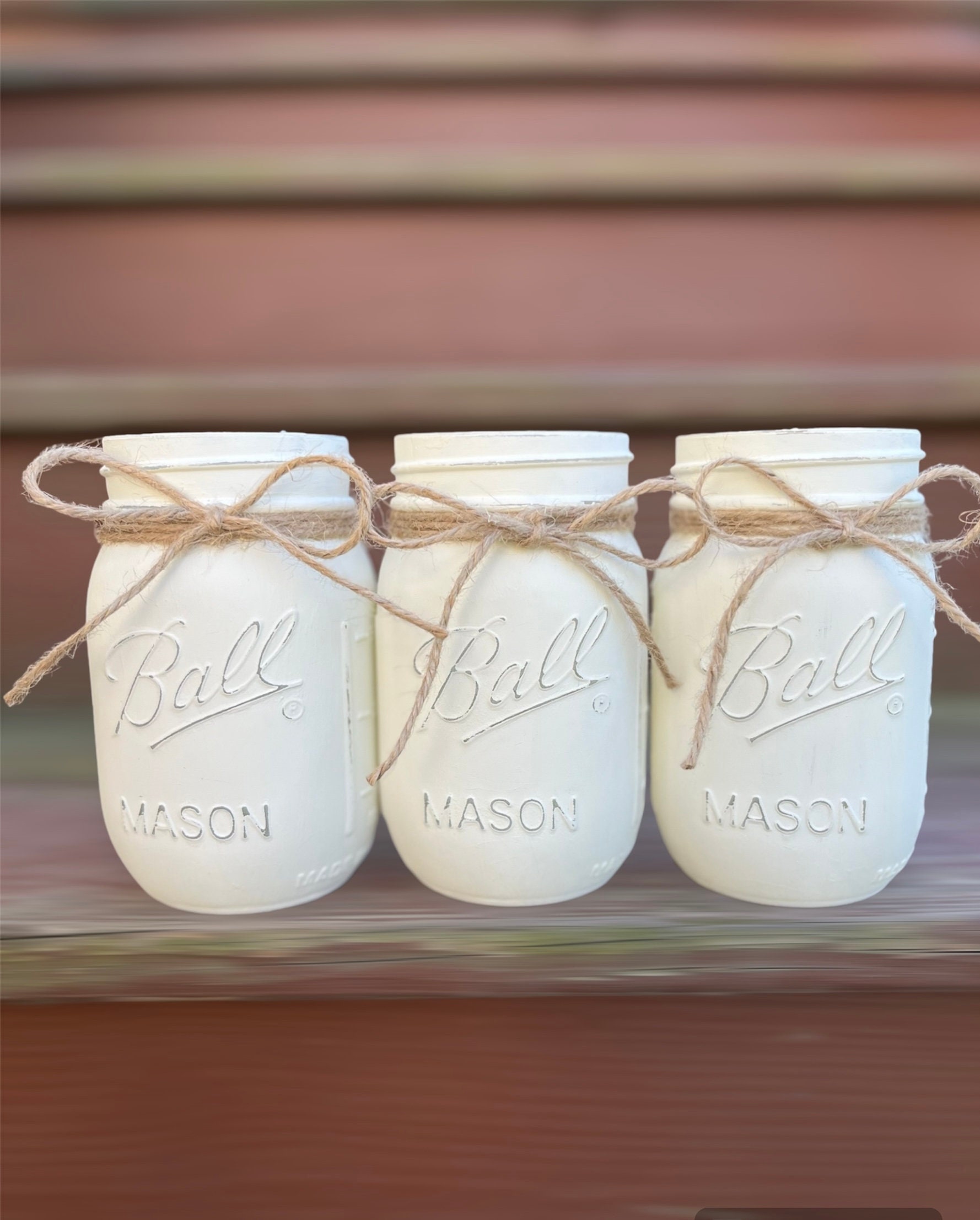 Set of 3 Ivory / White Pint Size Mason Jars With Simple Twine Wrap and ...