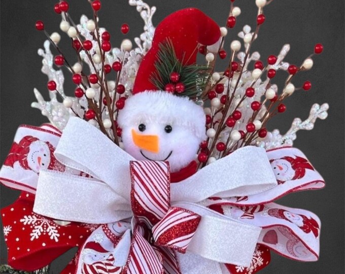 Snowman Tree Topper Bow /holiday Bow/ Red and White Handmade Bow /large ...