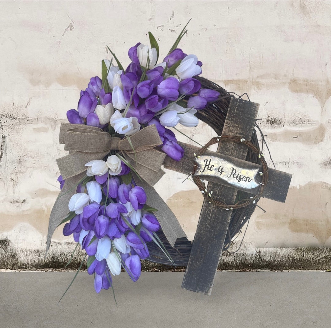 Religious Easter Floral Wreath, He is Risen Crucifix Wreath for Front ...