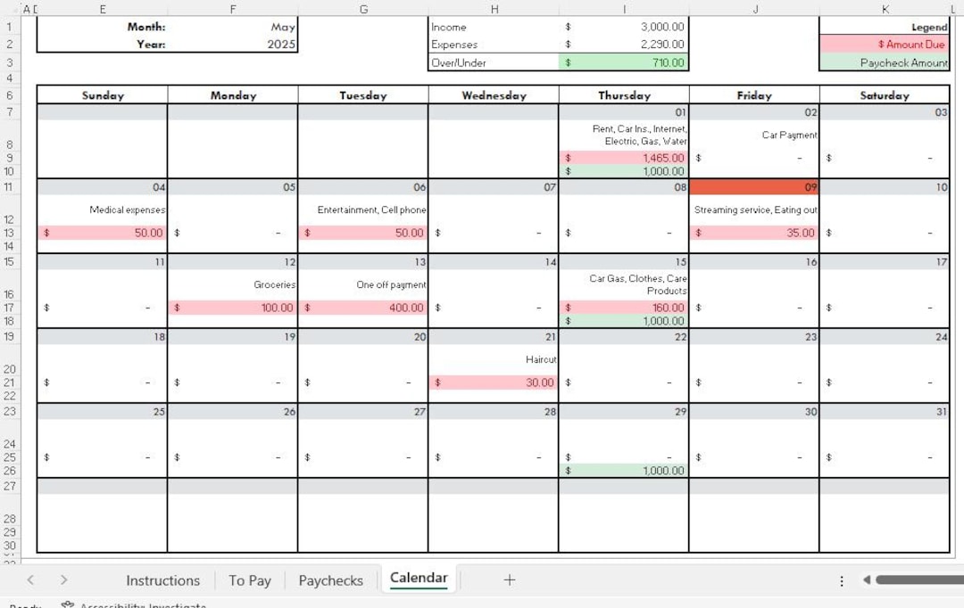 Excel Calendar Budgeting Tool - Etsy