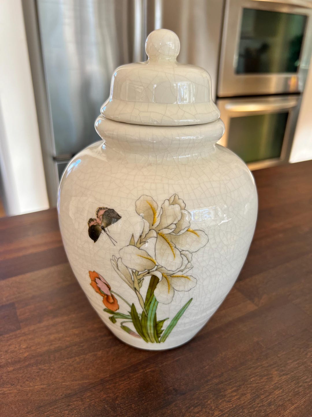 Ginger Jar With Floral Scene Depicting Poppy Flower, Iris, & Butterfly ...