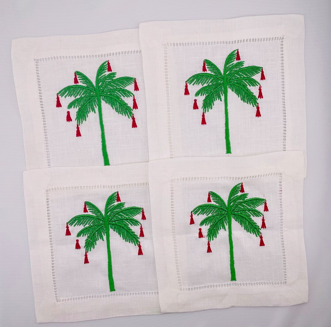 4 Palm Tree Cocktail Napkins W/tassels, Linen Hemstitch Napkins ...