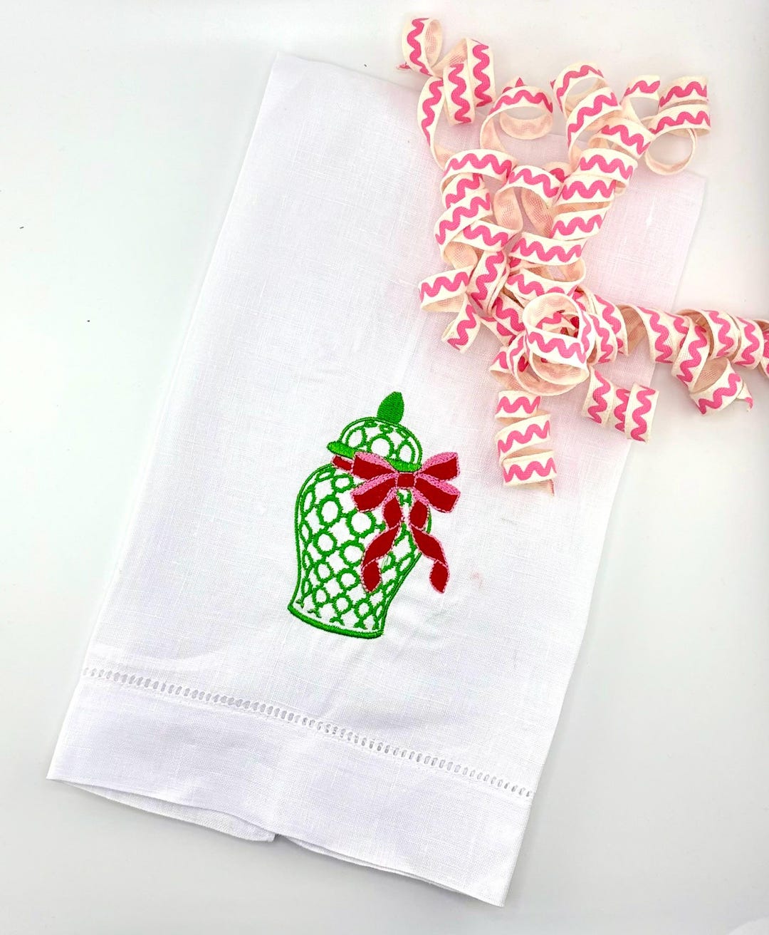 Valentine Ginger Jar With Red and Pink Bow - Linen Hemstitch Tea Towel ...