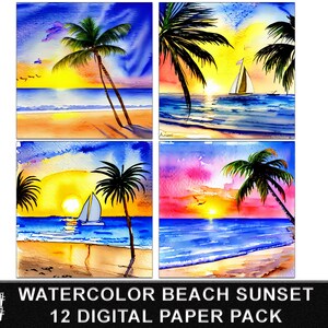 Watercolor Beach Sunset Background Bundle Tropical Paper Digital ...