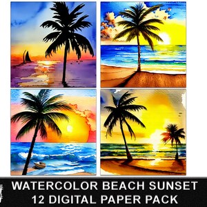 Watercolor Beach Sunset Background Bundle Tropical Paper Digital ...