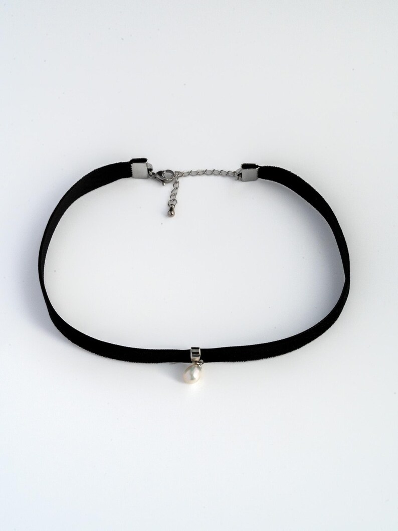 Black Velvet Choker With Freshwater Pearl Charm Minimalist Silver ...